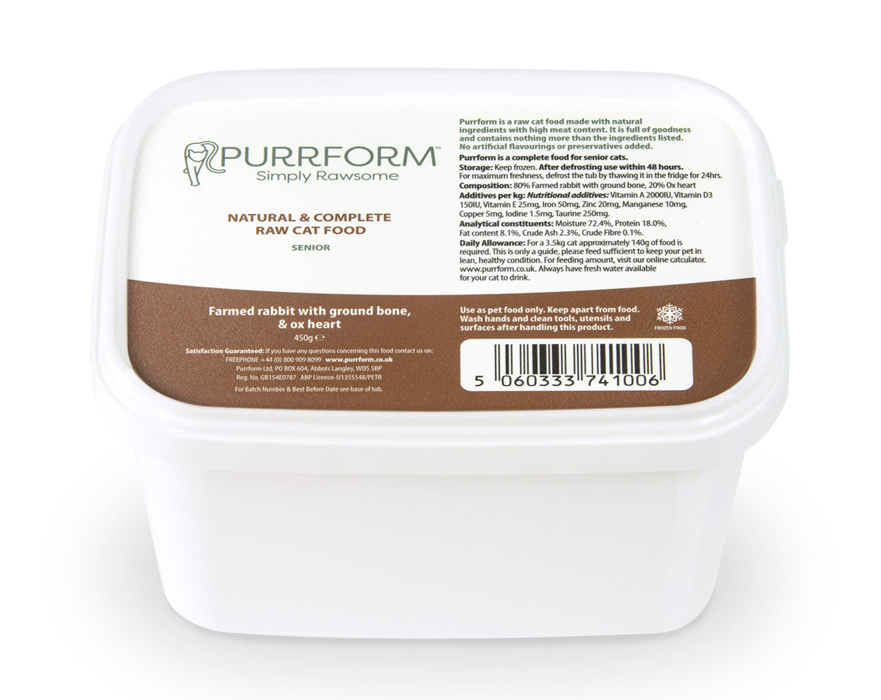 Purrform Senior Farmed Rabbit with Ground Bone & Ox Heart 450g – Mobile Pet Foods